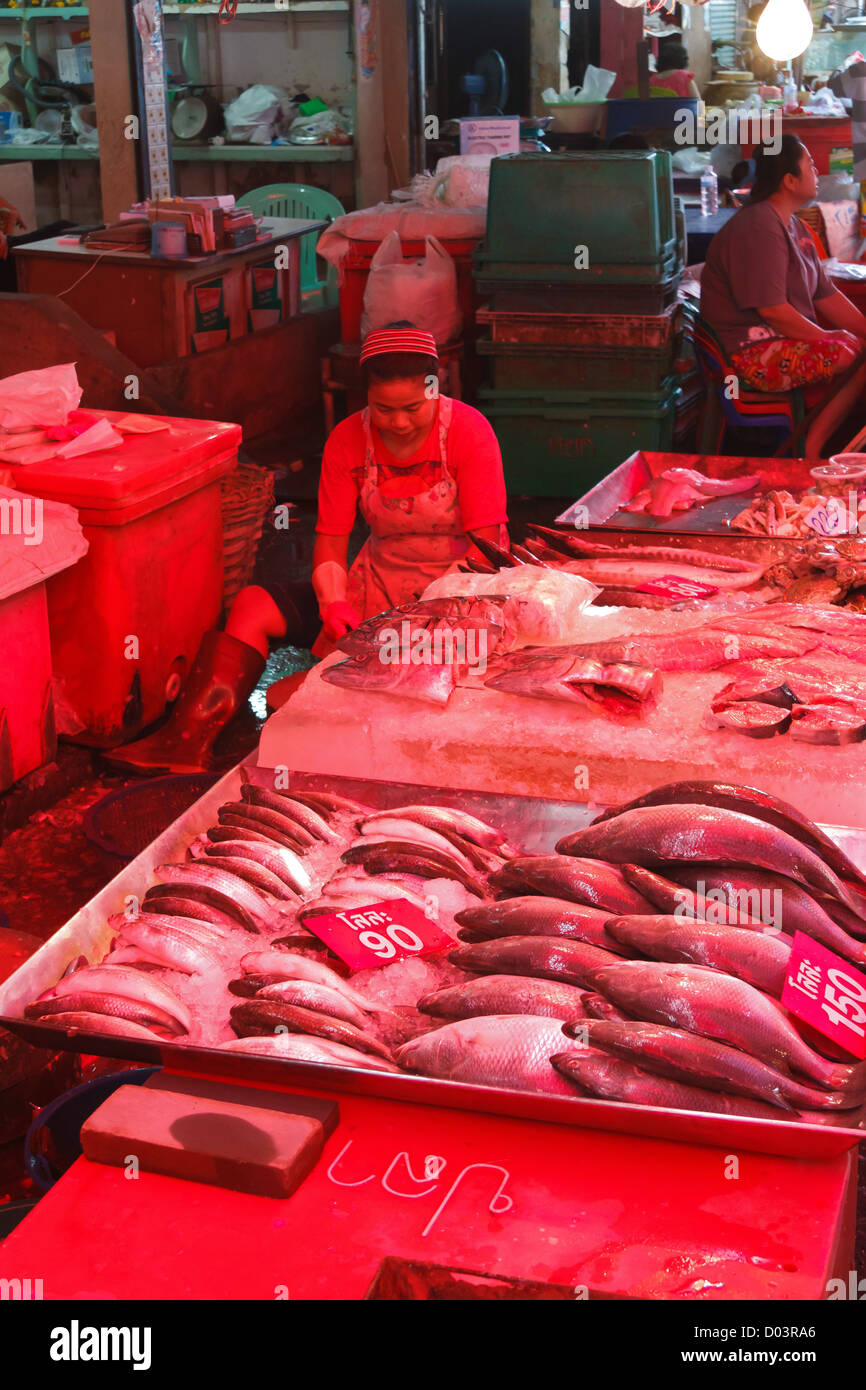 Sale of Fish under red Light on a Fish Market in Bangkok, Thailand ...
