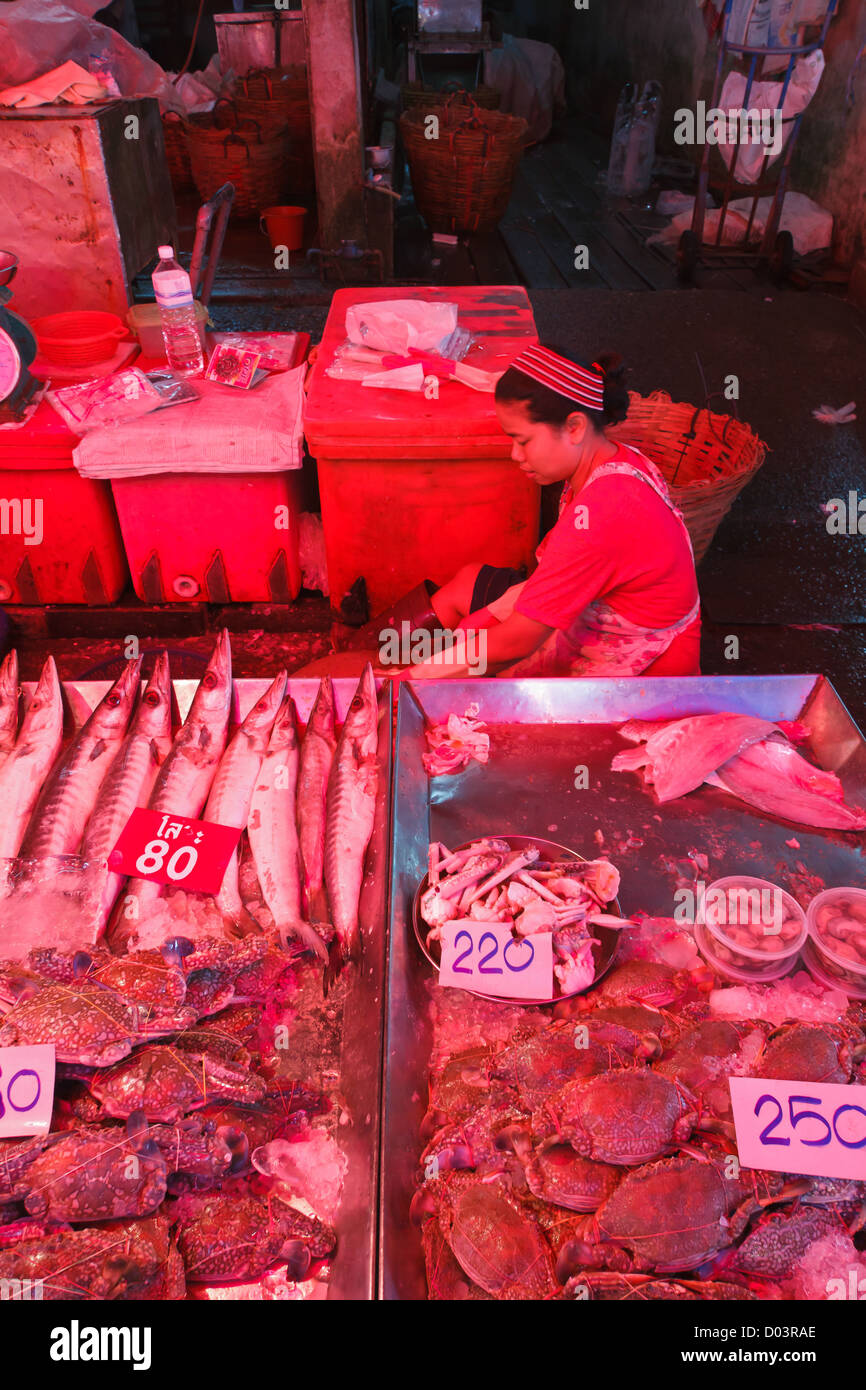 Sale of Fish under red Light on a Fish Market in Bangkok, Thailand ...