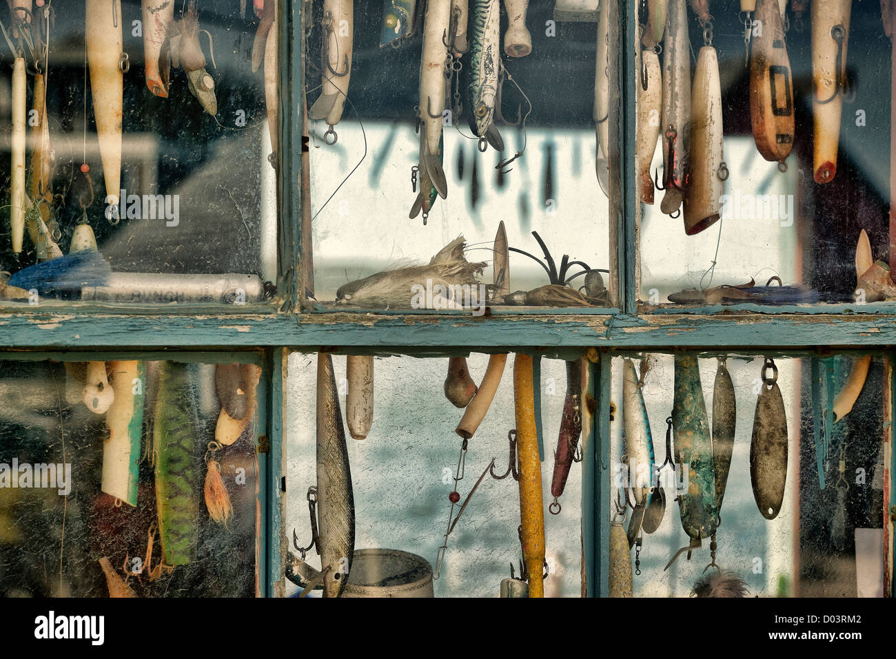 Hooks and lures in a fishing shack window, Menemsha, Chilmark, Martha's ...