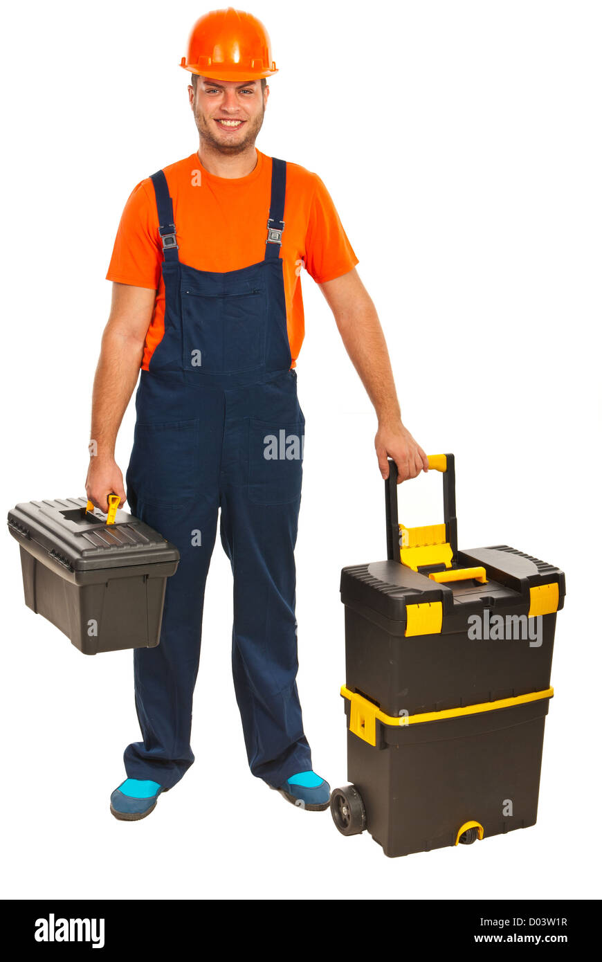 Full length of happy craftsman with tool boxes isolated on white ...