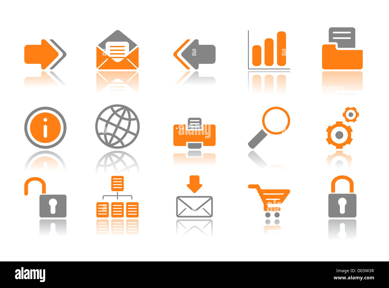 Web and Internet icons reflected on white background, isolated objects ...