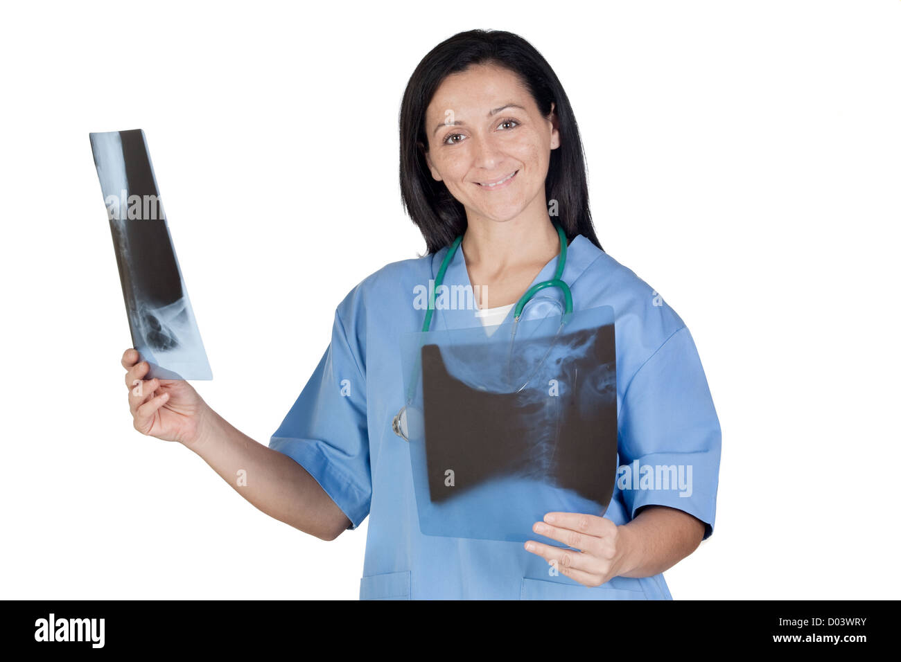 Attractive radiologist look radiograph isolated on white background ...