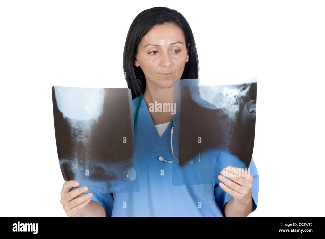 Attractive radiologist look radiograph isolated on white background ...