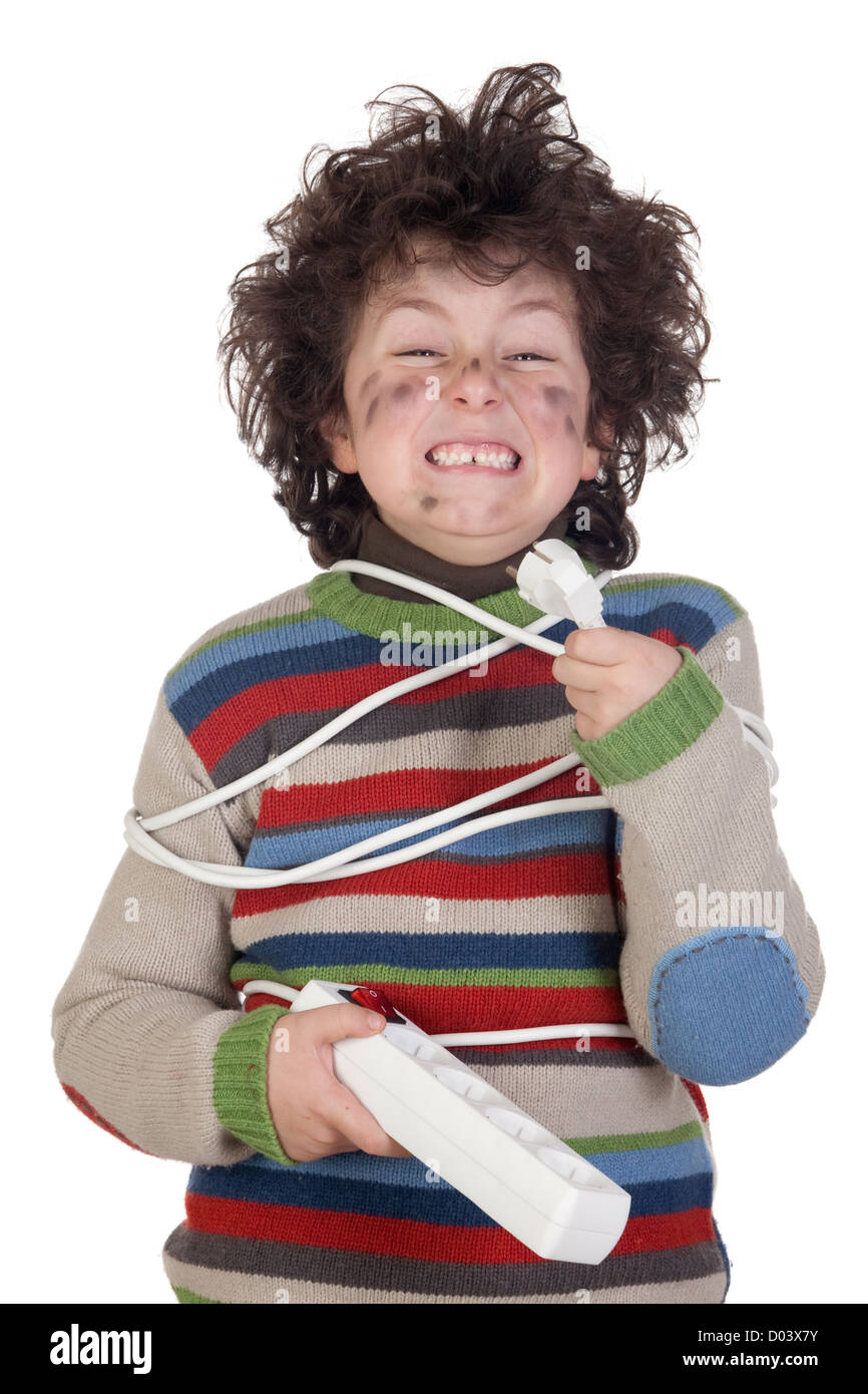 Child plug receiving electric shock isolated on white background Stock ...