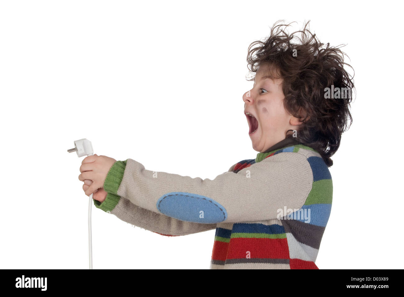 Child plug receiving electric shock isolated on white background Stock ...