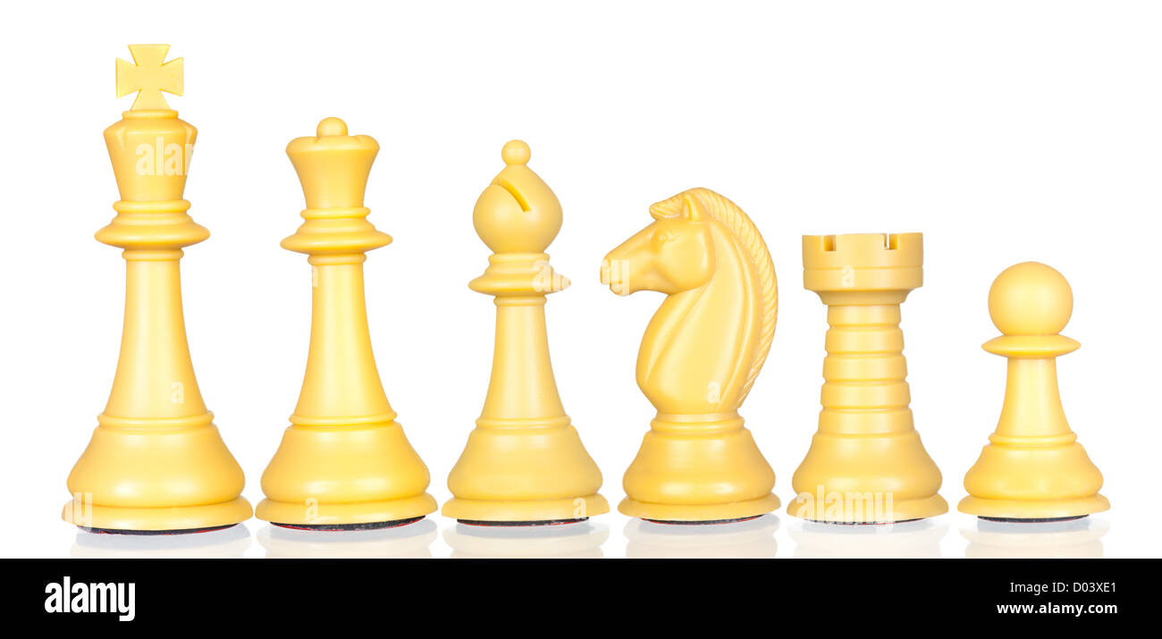 White chess pieces in order of decreasing isolated on white background ...