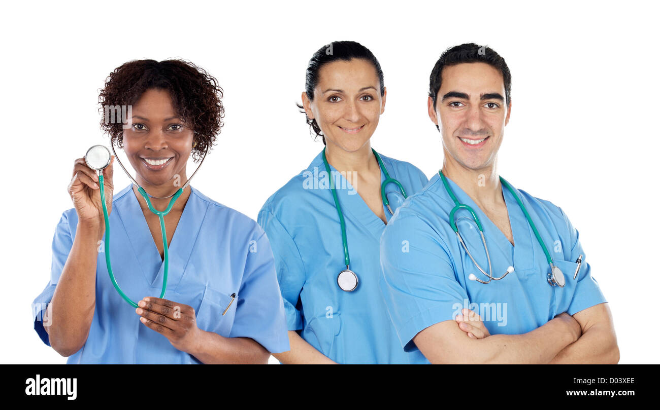 Medical team of three doctors on a over white background Stock Photo ...