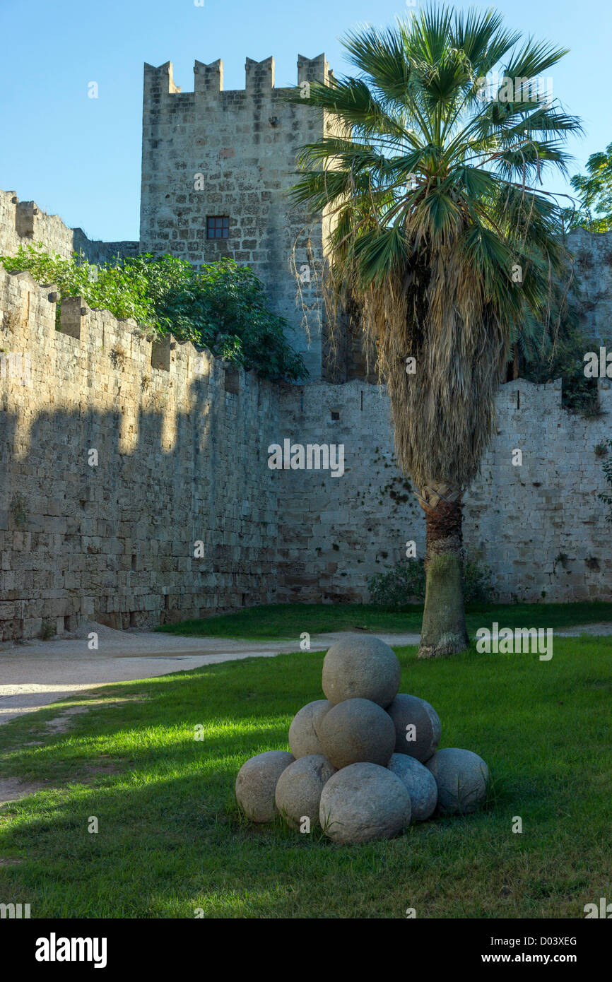 Rhodes old town, medieval, ancient, tower, cannonballs palm tree Stock ...