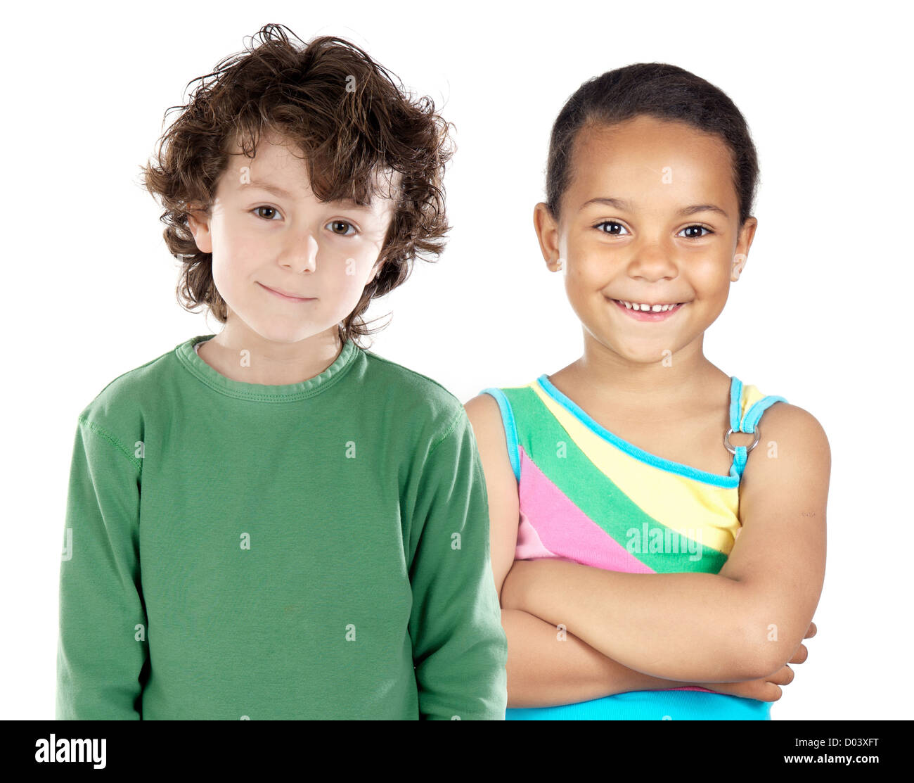 Two beautiful children of different races isolated on a over white ...
