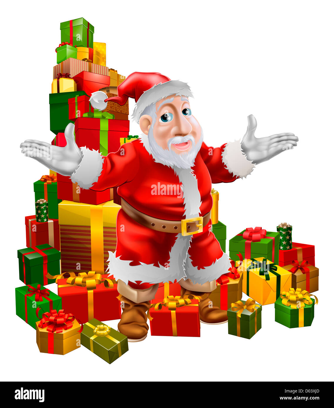 A happy smiling cartoon Santa with arms out showing the viewer a pile ...
