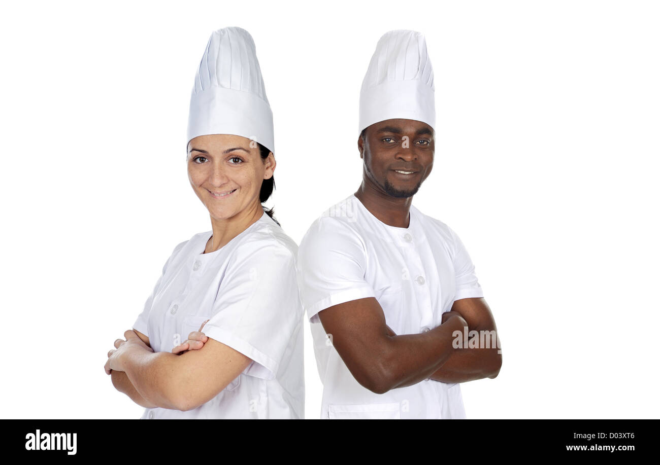 Happy cooks team a over white background Stock Photo - Alamy