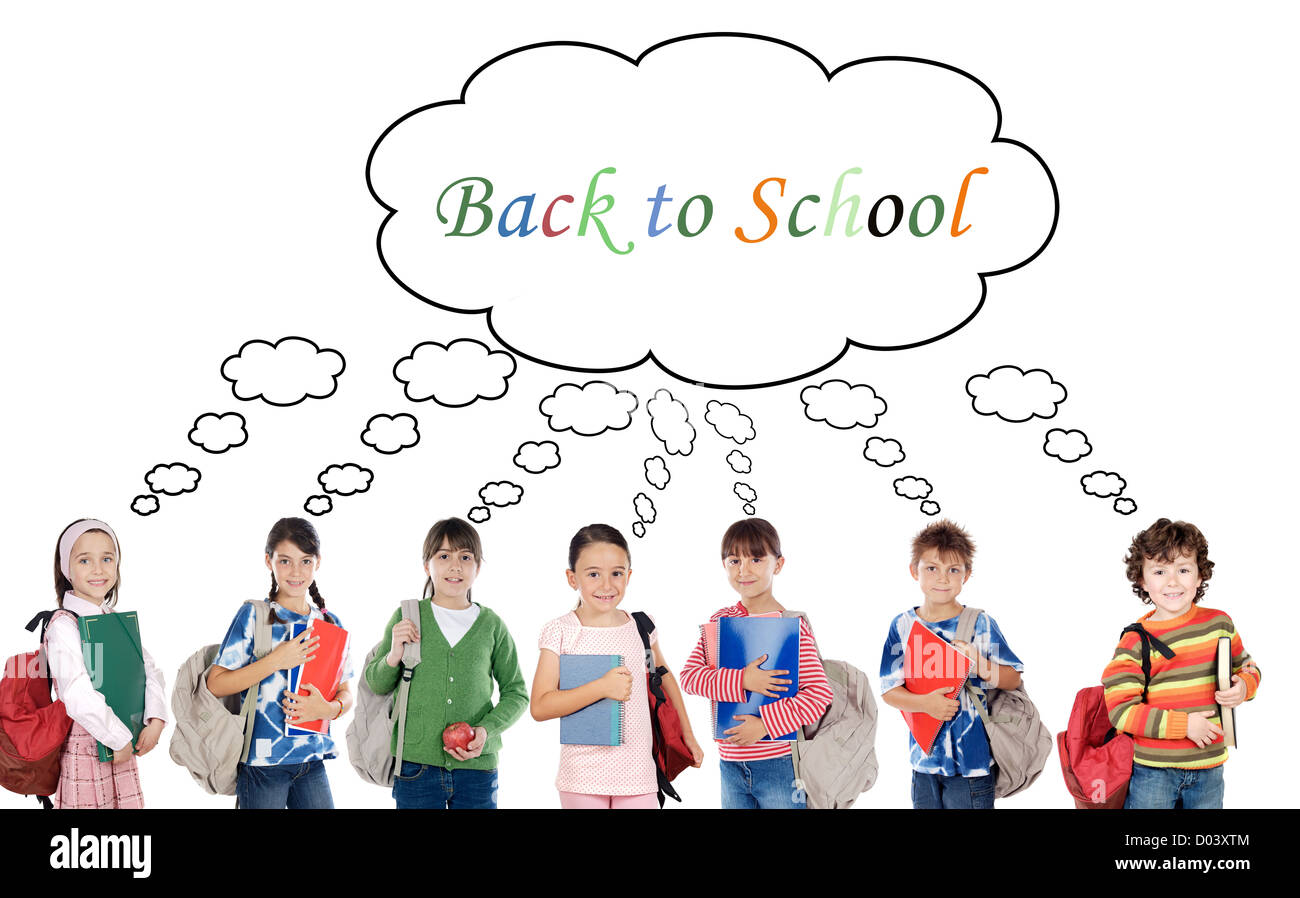 Many children students returning to school on a white background Stock ...