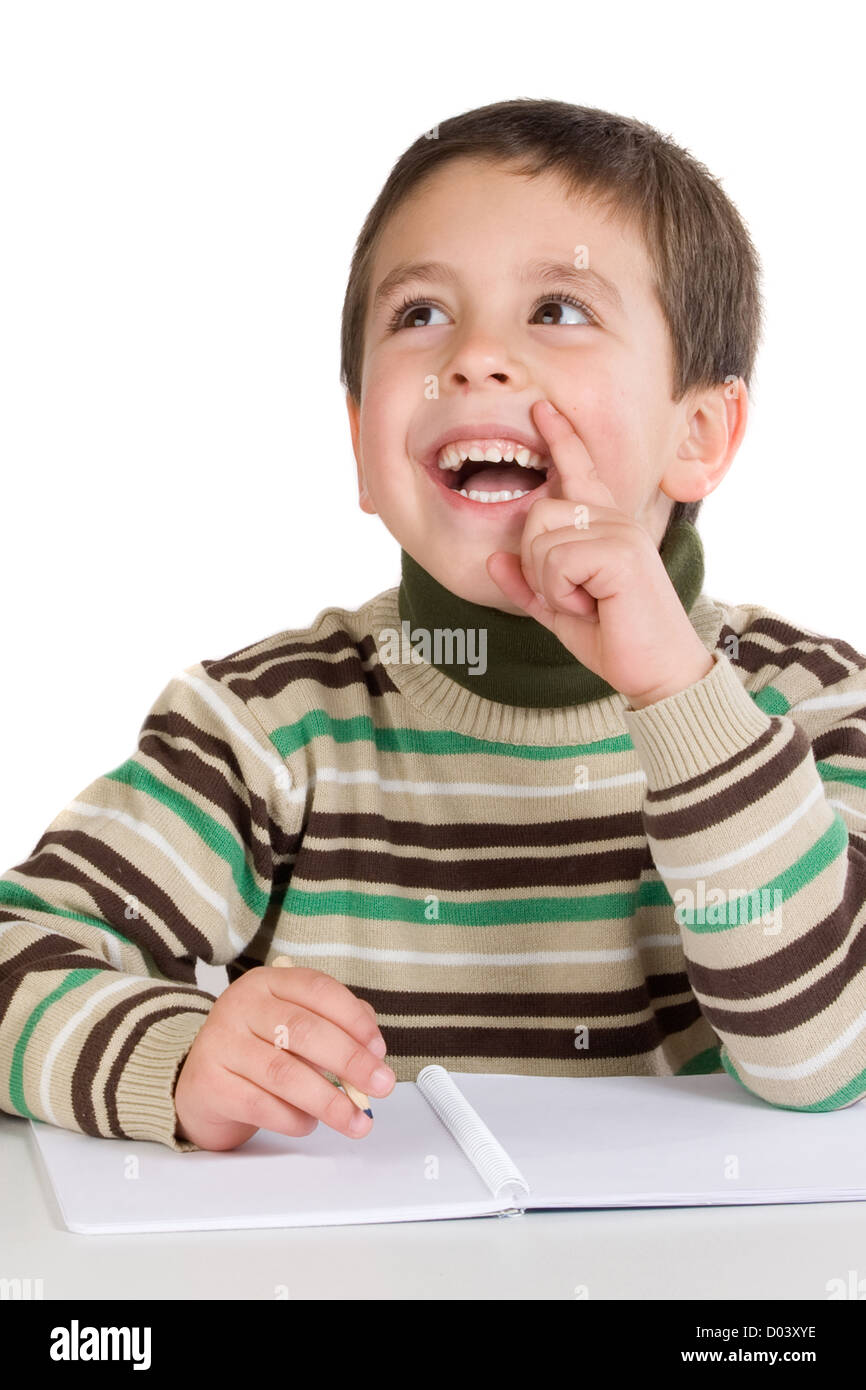 Adorable child thinking in the school on a over white background Stock ...