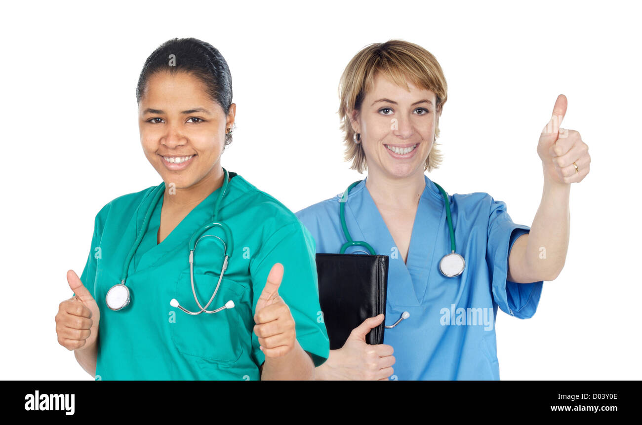 Couple of doctors woman saying OK isolated over a white Stock Photo - Alamy