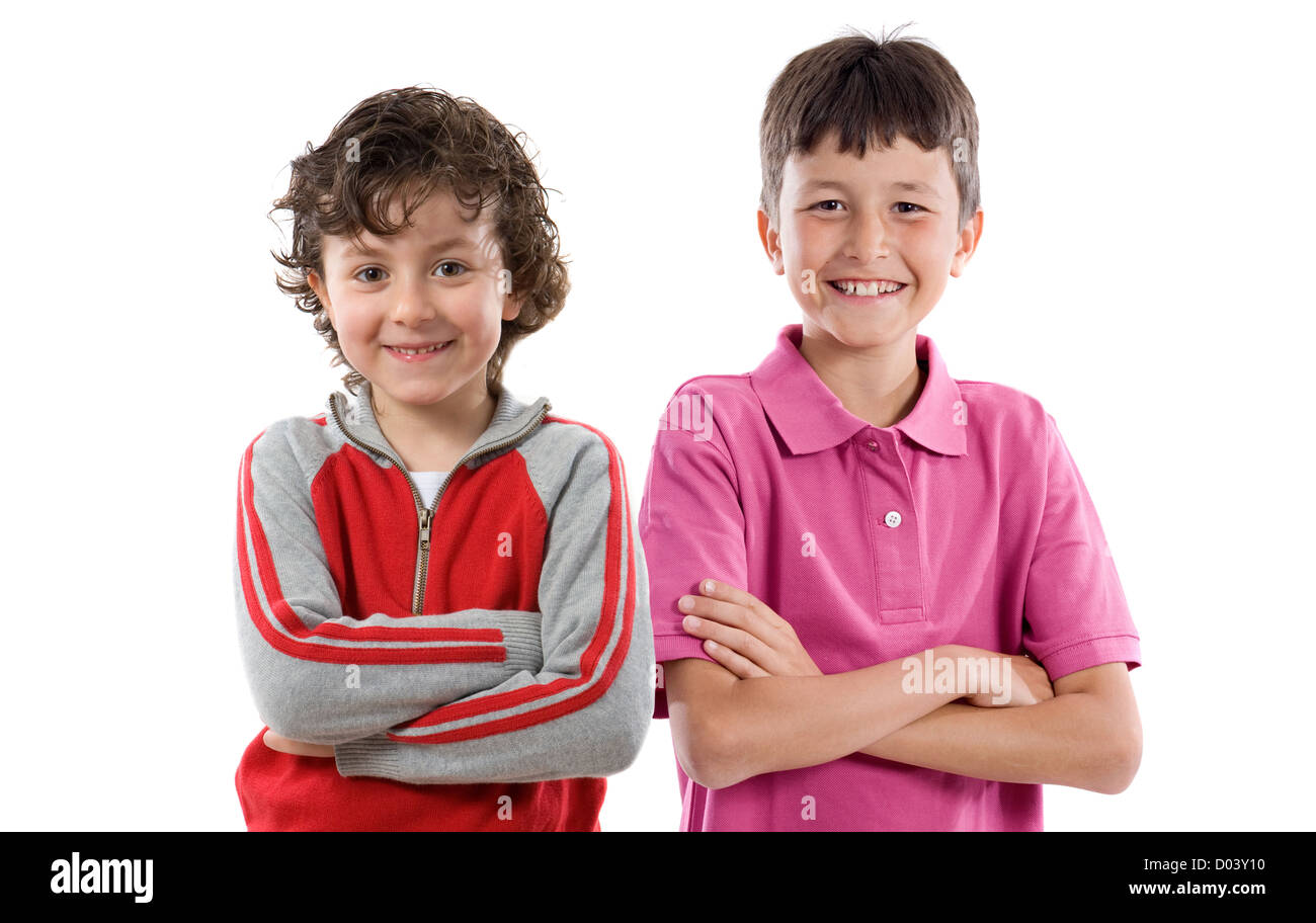 Two children smiling on a over white background Stock Photo - Alamy