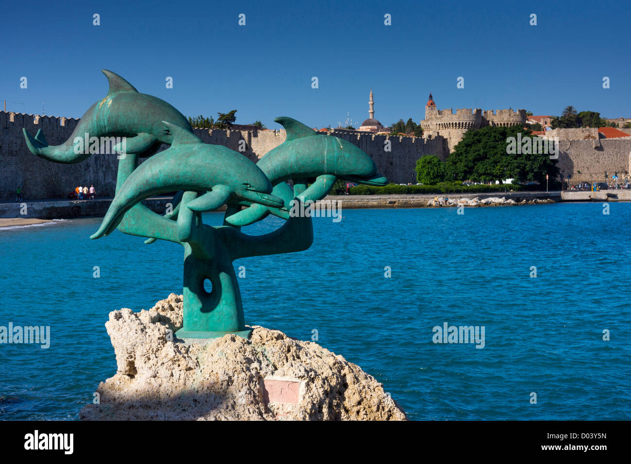 Rhodes old town, medieval, ancient walls, dolphin sculpture Stock Photo ...