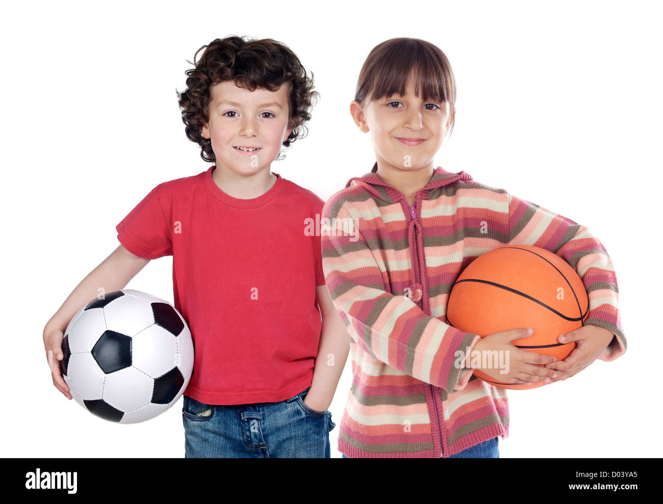 Two adorable children with balls on a over white background Stock Photo ...
