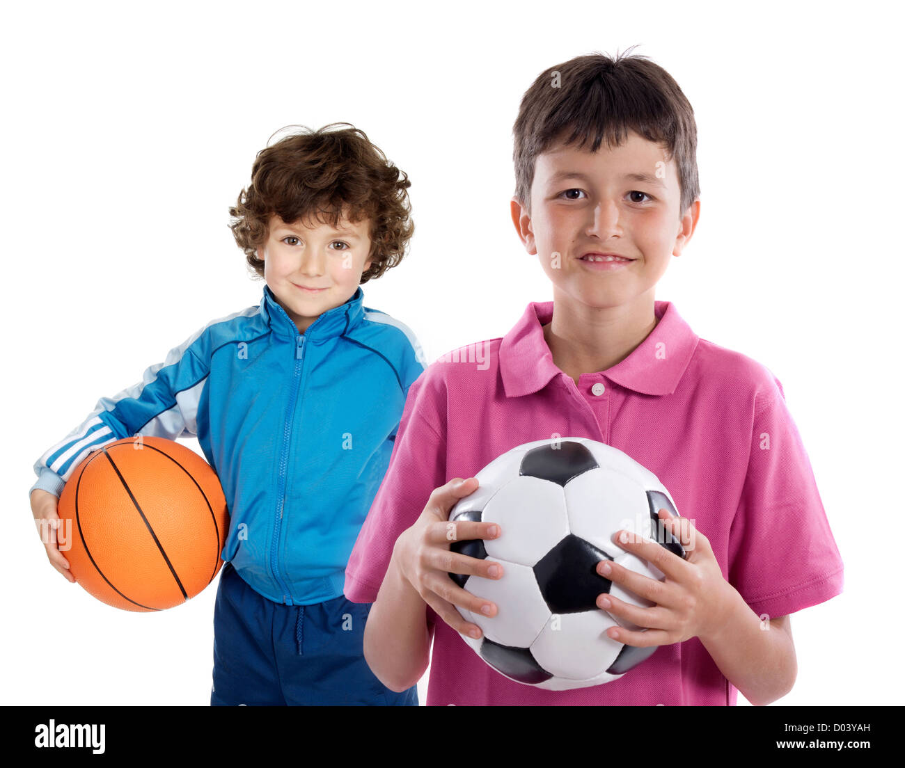 Two adorable children with balls on a over white background Stock Photo ...