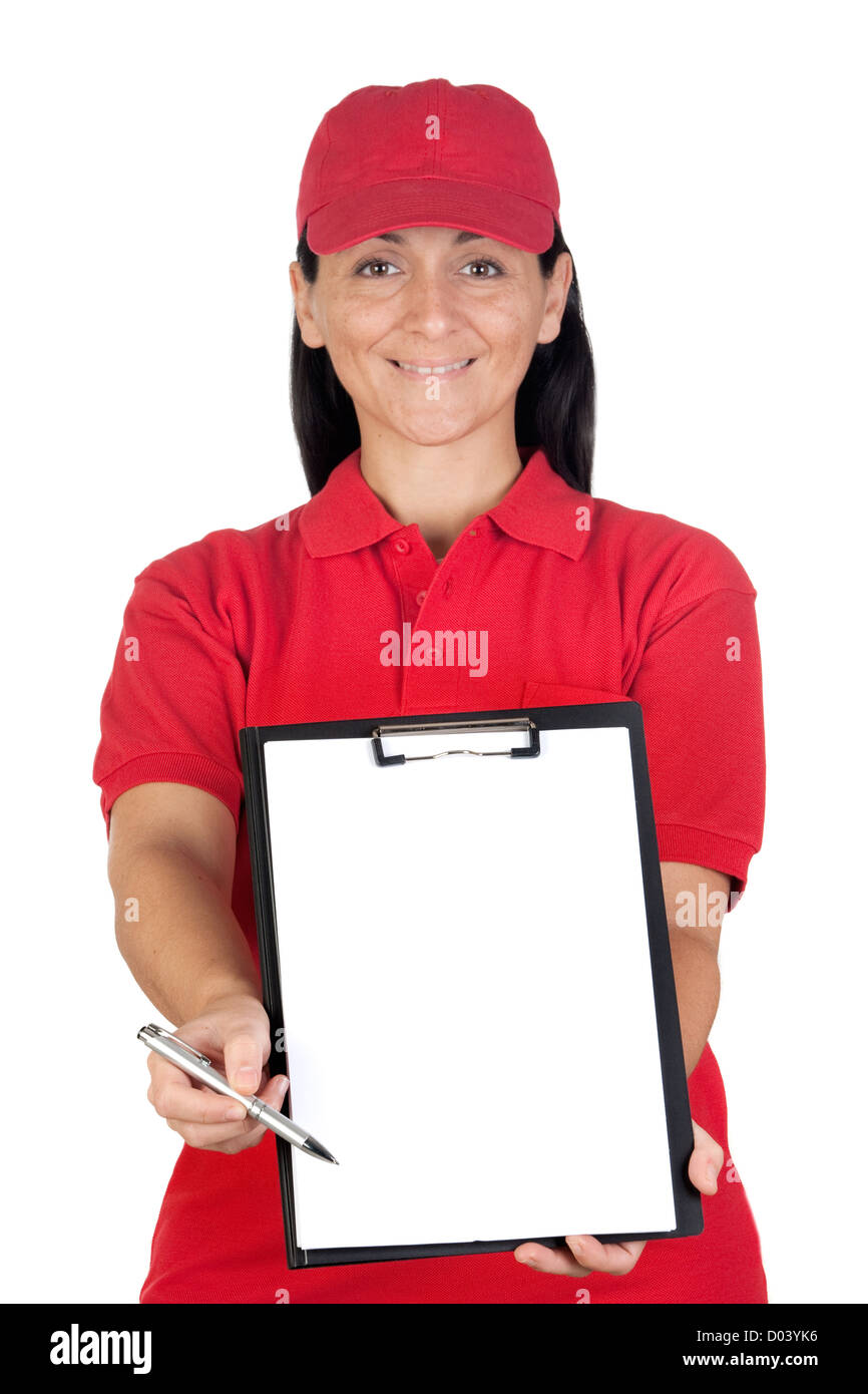 Beautiful dealer with focus on clipboard getting the signature isolated ...