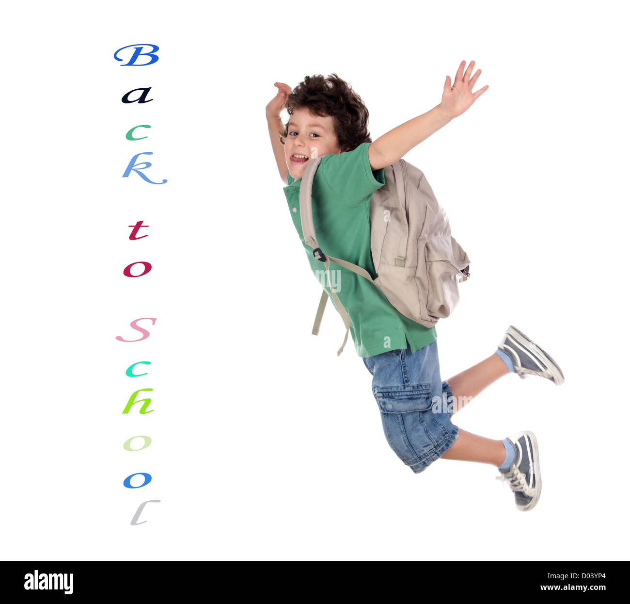 happy child jumping with backpack, back to school Stock Photo - Alamy