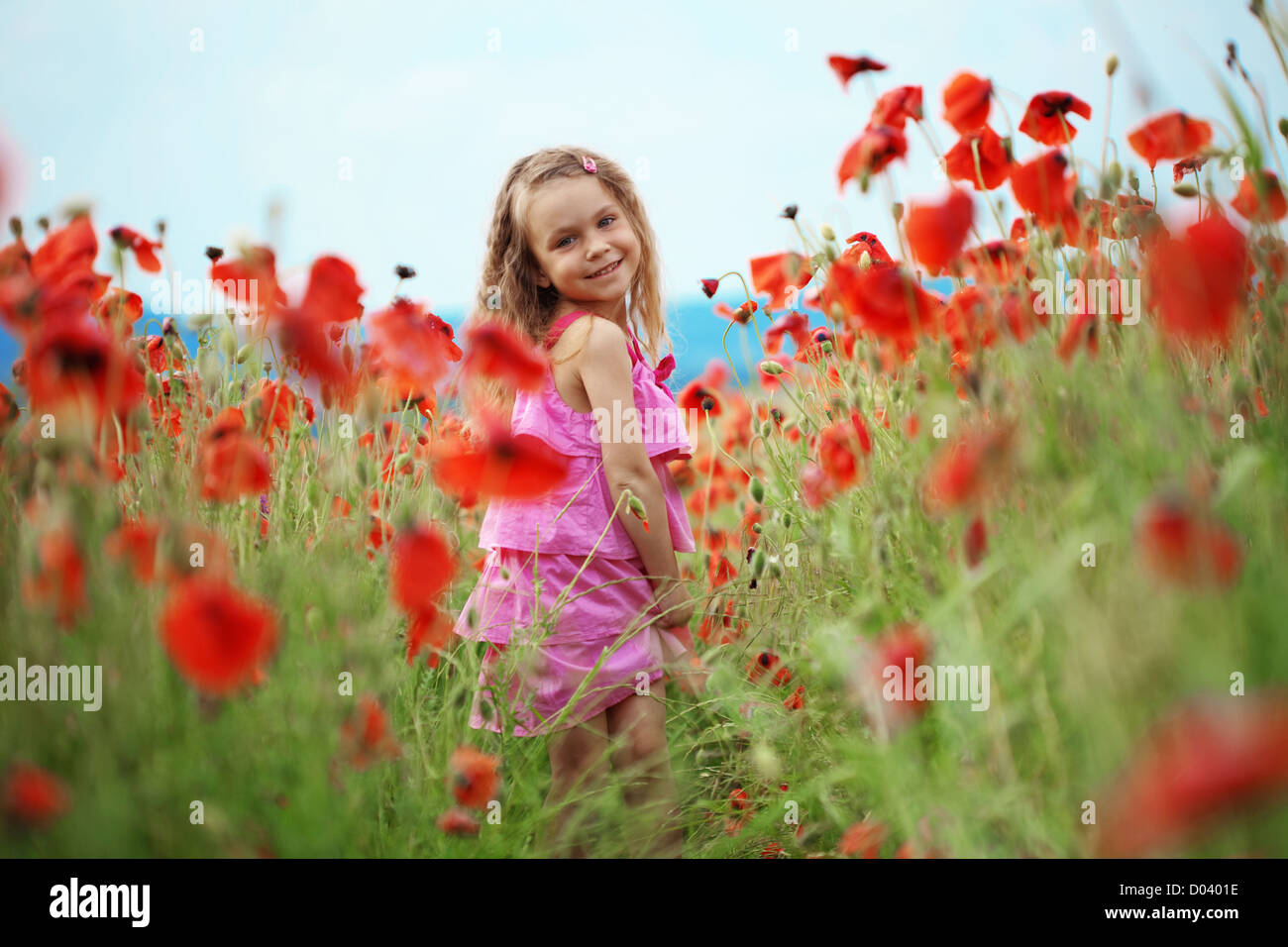 Cute child girl in poppy field Stock Photo - Alamy