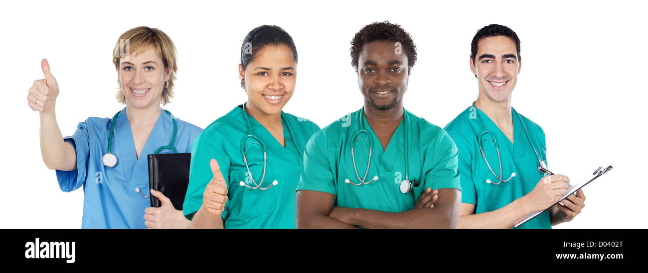 Medical team of four doctors on a over white background Stock Photo - Alamy