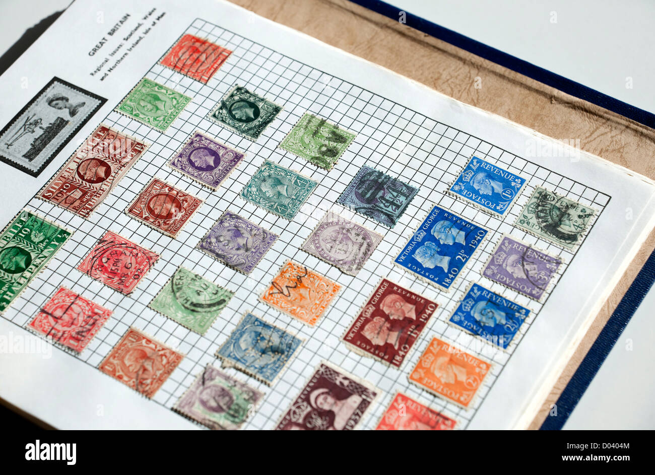 Close up of page of British English stamps in stamp collection ...