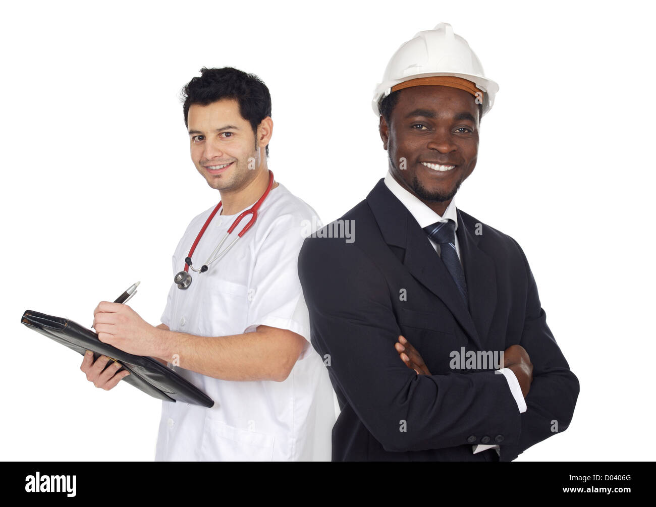 Two happy workers a over white background Stock Photo - Alamy