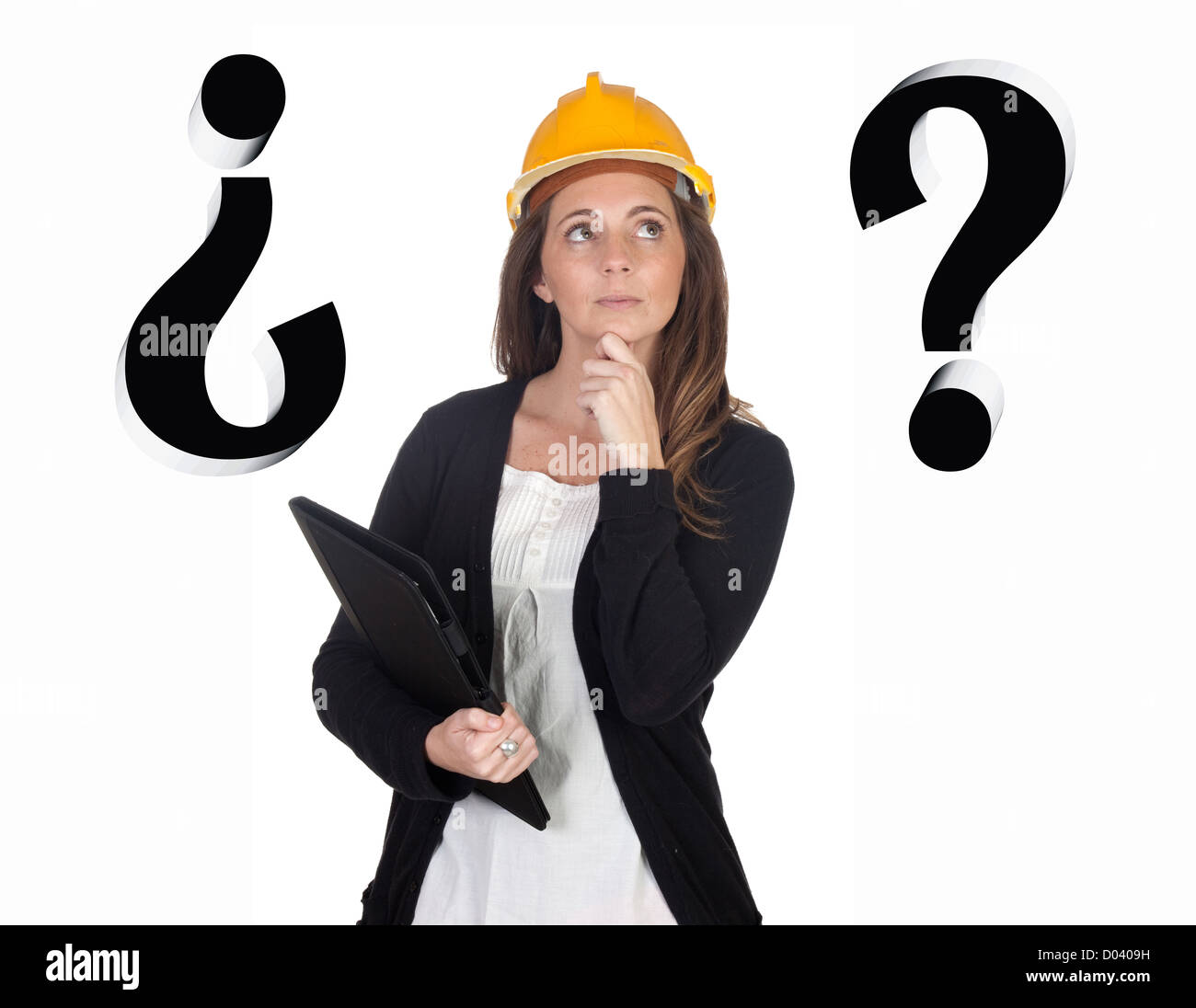 Young engineer with pensive face and security helmet isolated over ...
