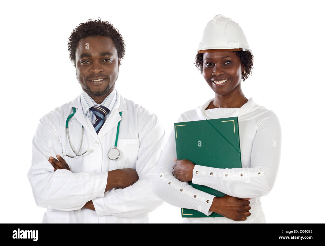 Couple of african americans doctor and engineer a over white background ...