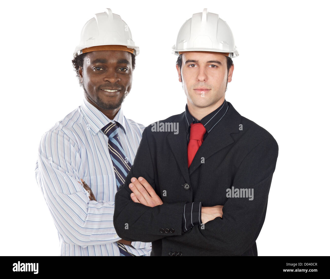 Couple of engineers on a over white background Stock Photo - Alamy