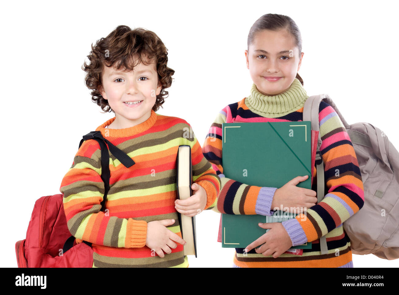 Two students returning to school on a white background Stock Photo - Alamy
