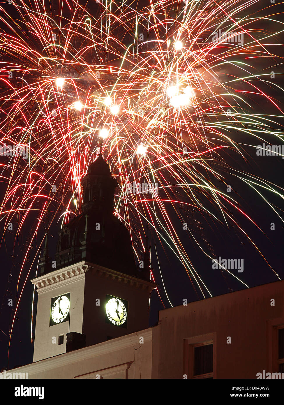 The fireworks over historical tower Stock Photo - Alamy