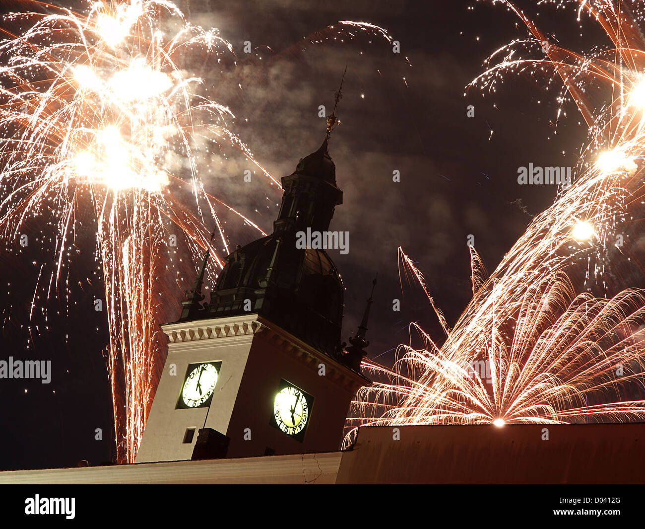 The fireworks over historical tower Stock Photo - Alamy