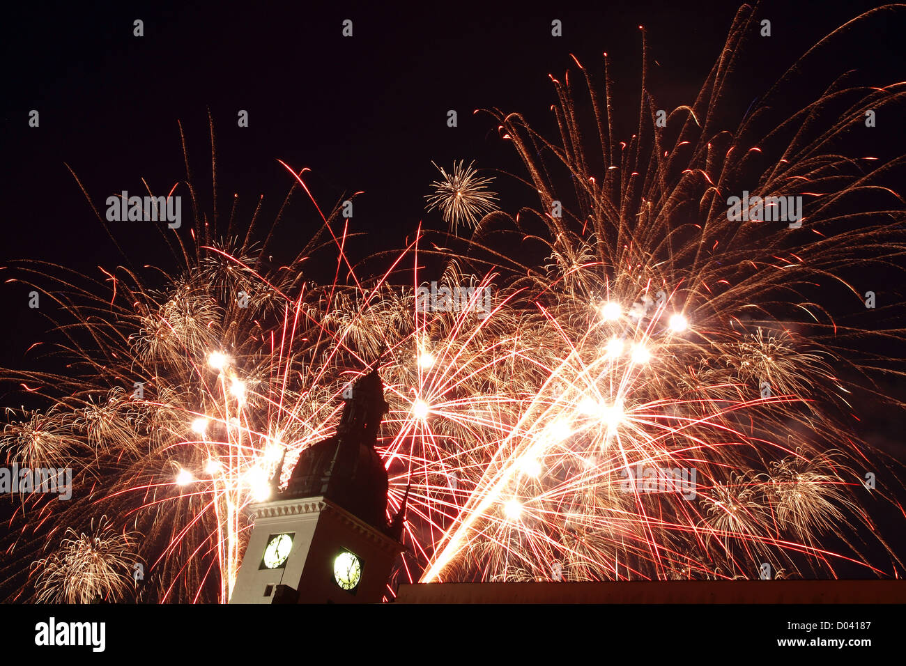 The fireworks over historical tower Stock Photo - Alamy