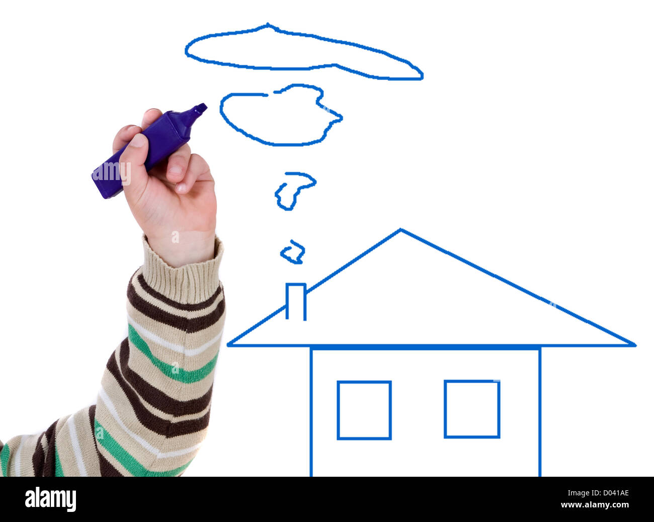 Adorable boy drawing a house on a over white background Stock Photo - Alamy