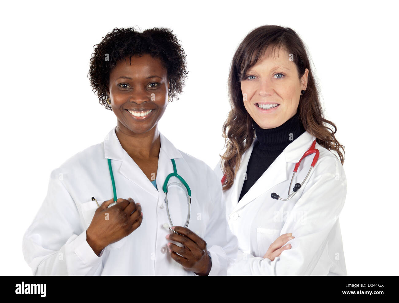 Couple of doctors woman a over white background Stock Photo - Alamy