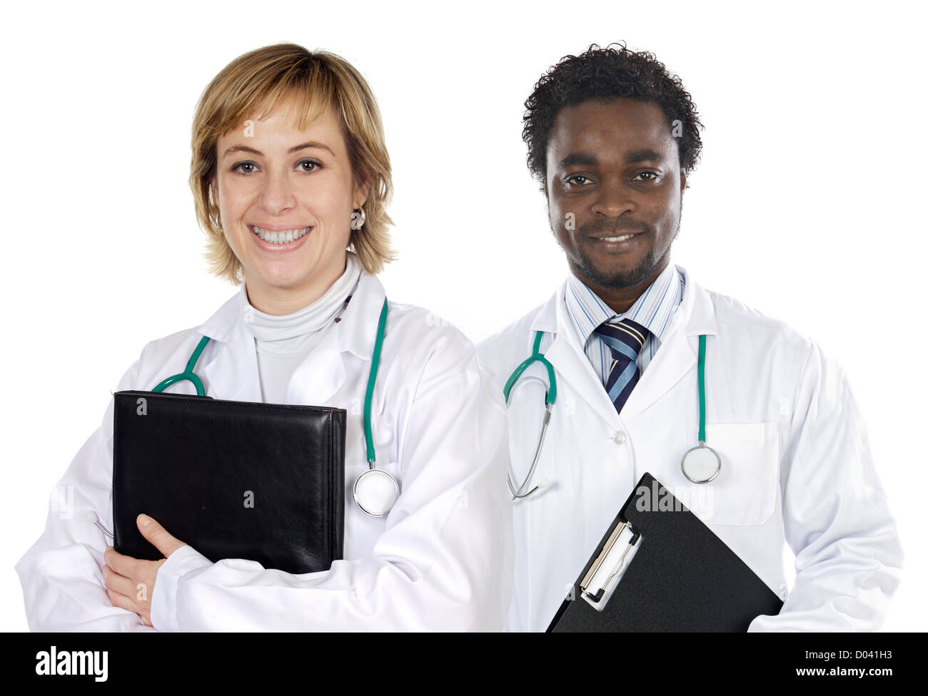 Couple of young doctors a over white background Stock Photo - Alamy