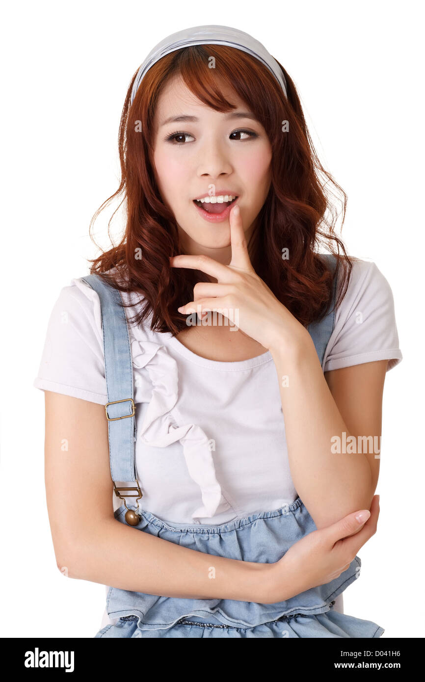 Smart girl thinking, half length closeup portrait on white background ...