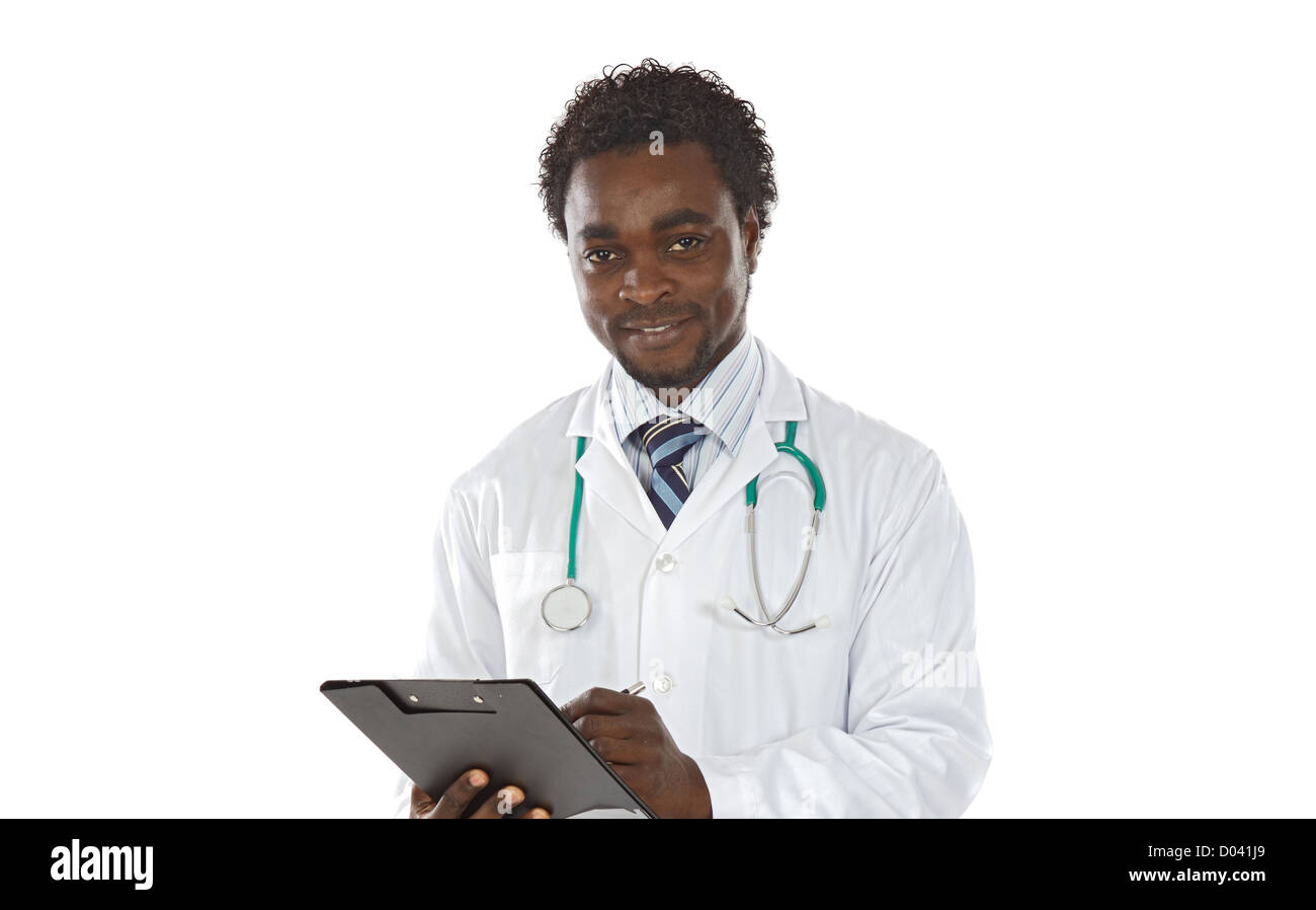African american man doctor writing a over white background Stock Photo ...