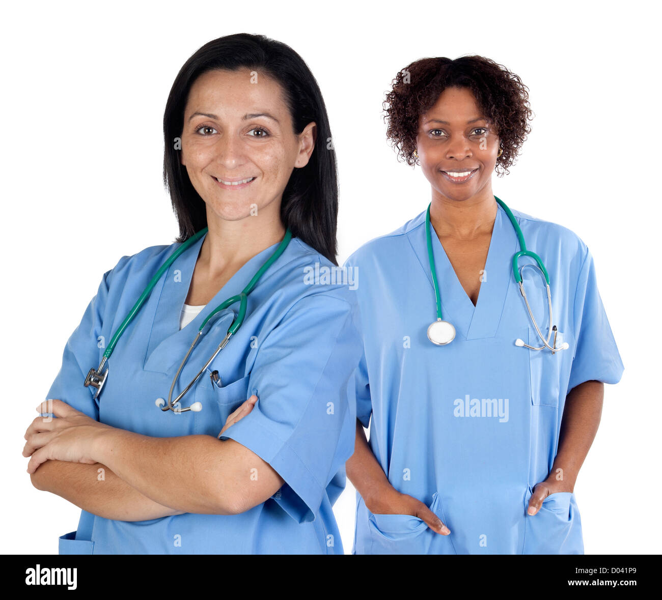 Two doctor women in blue on a over white background Stock Photo - Alamy