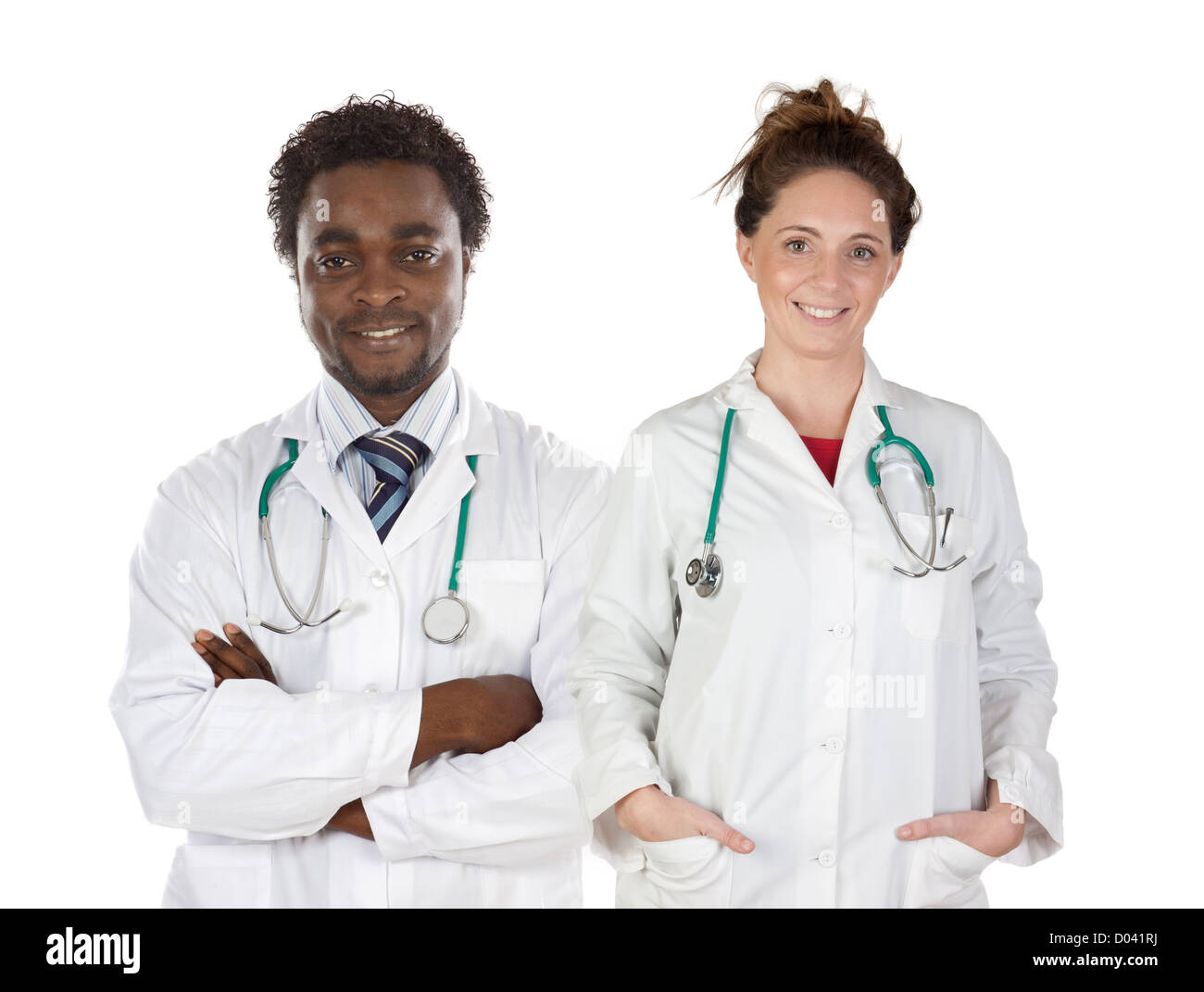 Couple of young doctors a over white background Stock Photo - Alamy