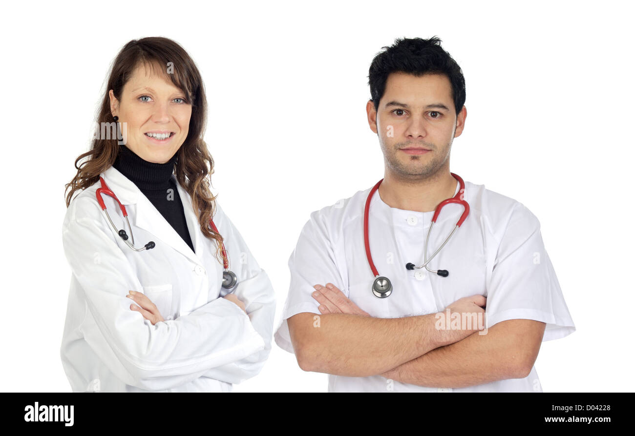 Couple of doctors a over white background Stock Photo - Alamy
