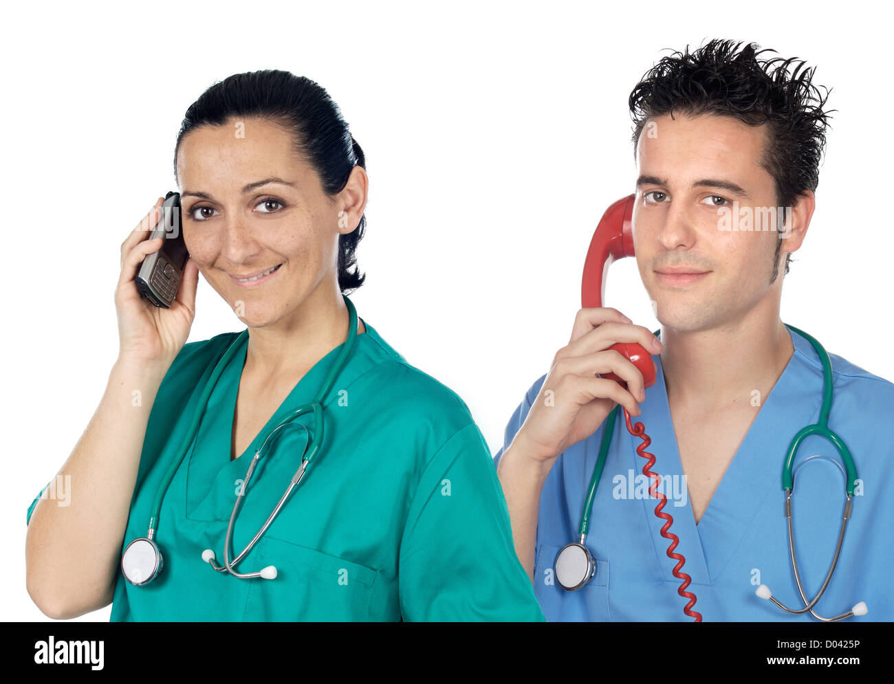 Medical team to the phone on a over white background Stock Photo - Alamy