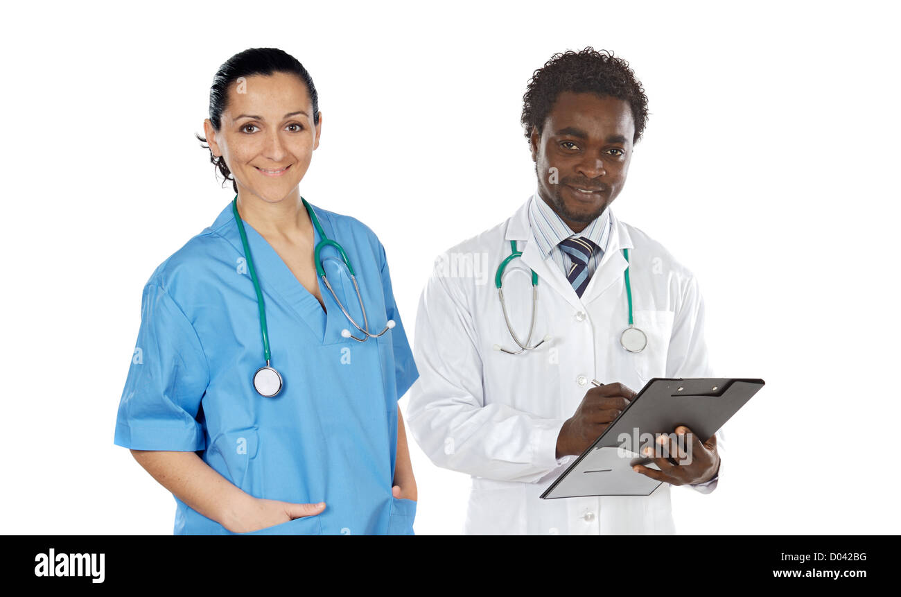 Couple of young doctors a over white background Stock Photo - Alamy