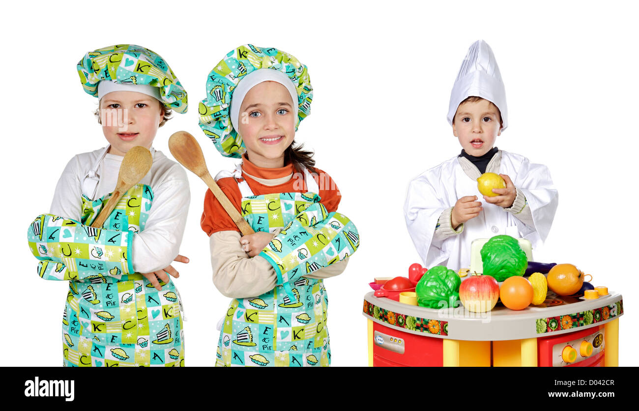 Children learning to cook a over white background Stock Photo - Alamy