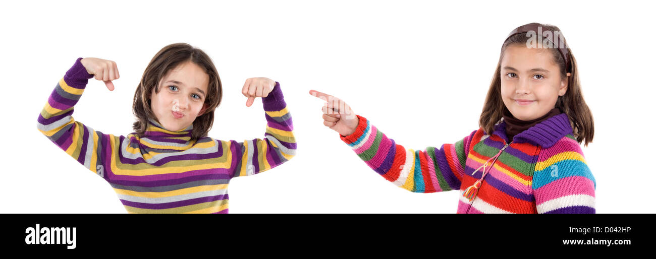 Look how strong my friend. Two girls with a white background Stock ...
