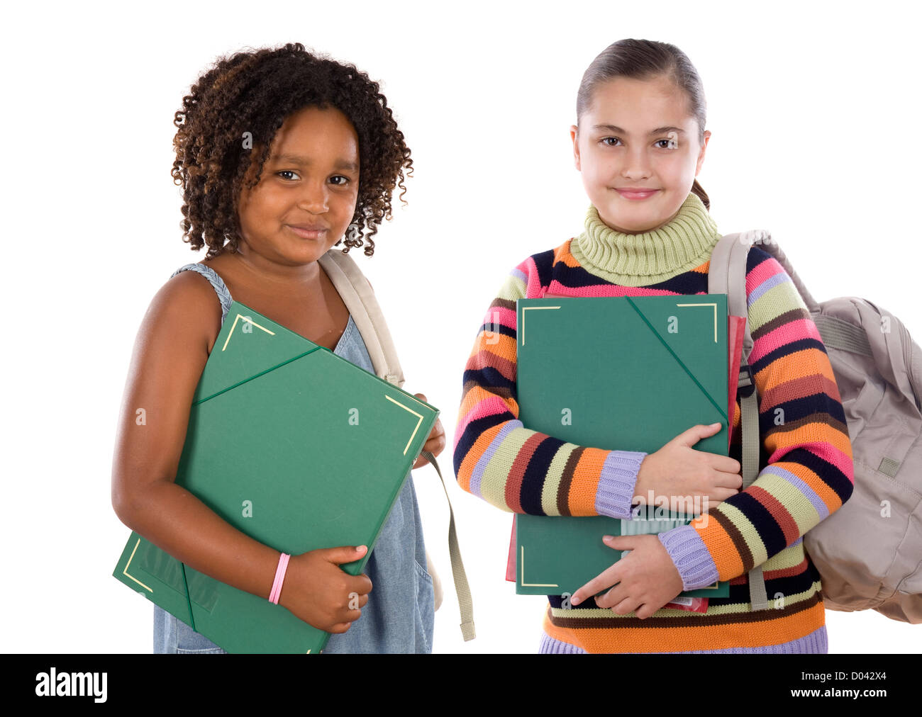 Two children students returning to school on a white background Stock ...
