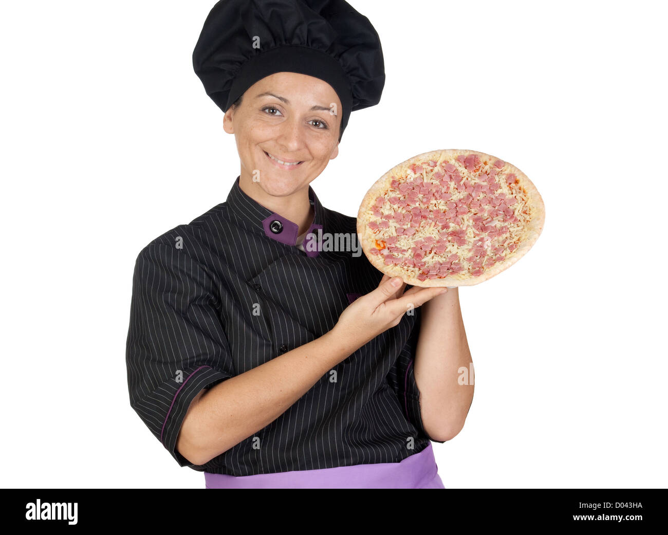 Pretty cook woman with ham pizza on white background Stock Photo - Alamy