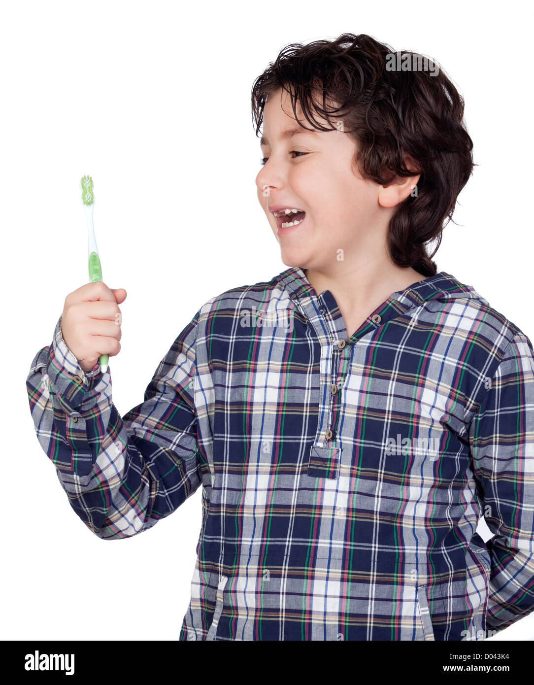 Smiling child with a toothbrush isolated on white background Stock ...
